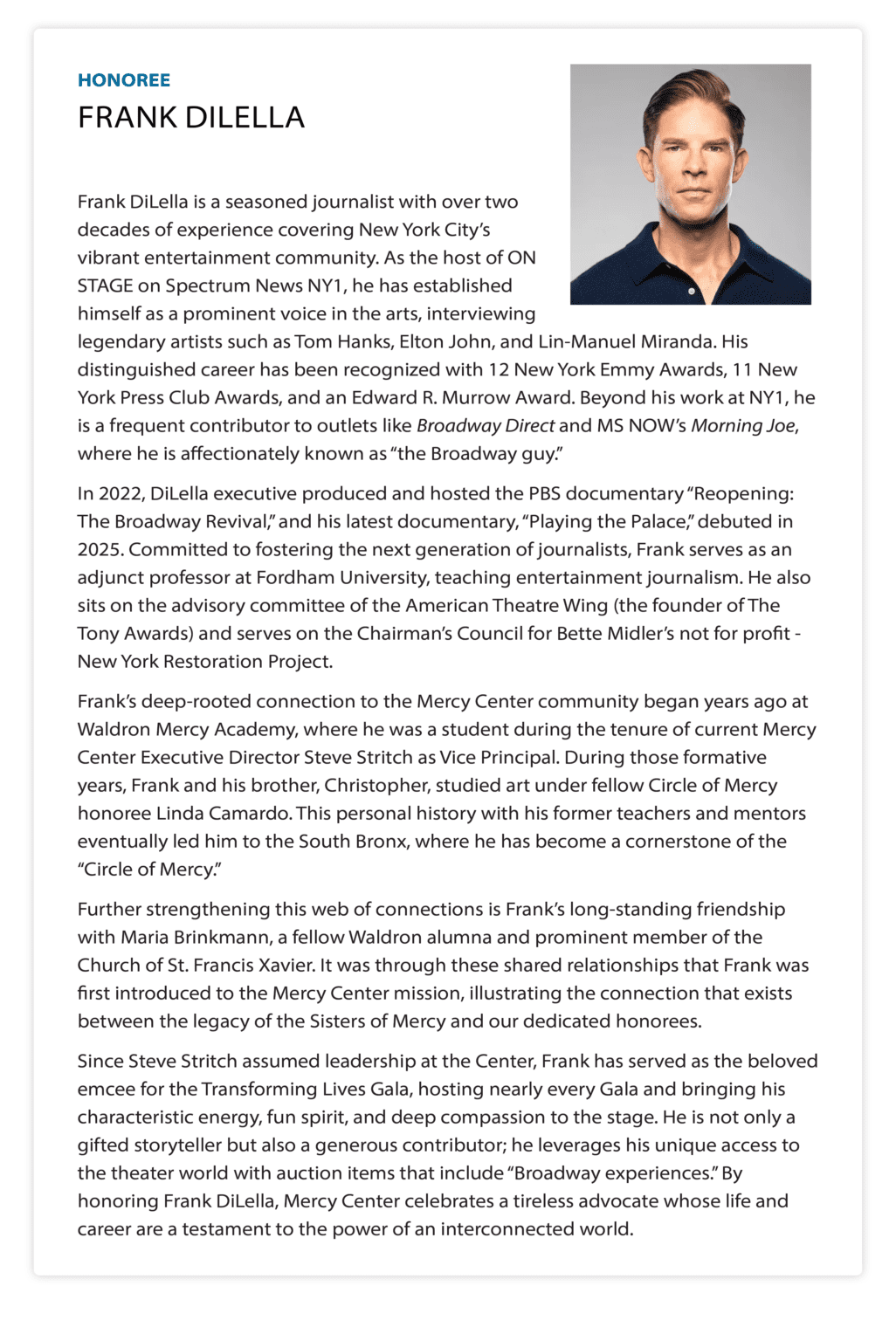 2026 Transforming Lives Gala Honoree: Frank DiLella - Mercy Center